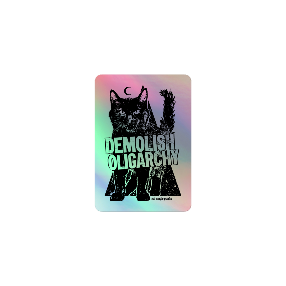 DEMOLISH OLIGARCHY Holographic Sticker – Cat Magic Punks